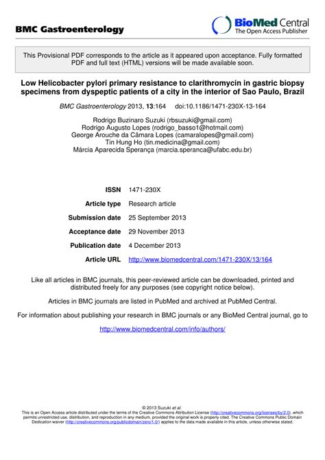 Pdf Low Helicobacter Pylori Primary Resistance To Clarithromycin In Gastric Biopsy Specimens