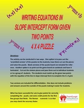 Writing Equations In Slope Intercept Form Given Two Points Math Puzzles