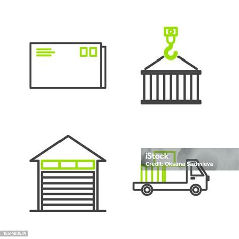 골판지 상자 닫힌 창고 크레인의 컨테이너 및 봉투 아이콘이 있는 라인 배달 트럭을 설정합니다 벡터 건축하기에 대한 스톡 벡터 아트 및 기타 이미지 Istock