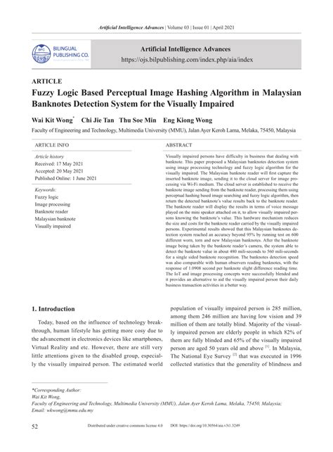 Pdf Fuzzy Logic Based Perceptual Image Hashing Algorithm In Malaysian Banknotes Detection