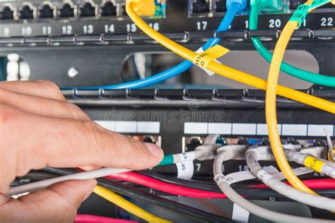 Hand Of Engineer Plugging In Ethernet Cable Into Server Switch P Stock Image Image Of