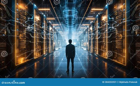 Silhouette Of A Male Hacker In A Server Room Neural Network Ai Generated Stock Image Image Of