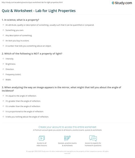 Quiz And Worksheet Lab For Light Properties