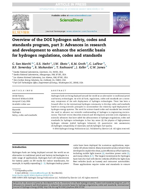Pdf Overview Of The Doe Hydrogen Safety Codes And Standards Program Part 1 Regulations