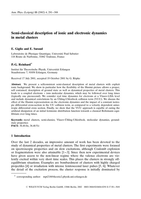 Pdf Semiclassical Description Of Ionic And Electronic Dynamics In Metal Clusters