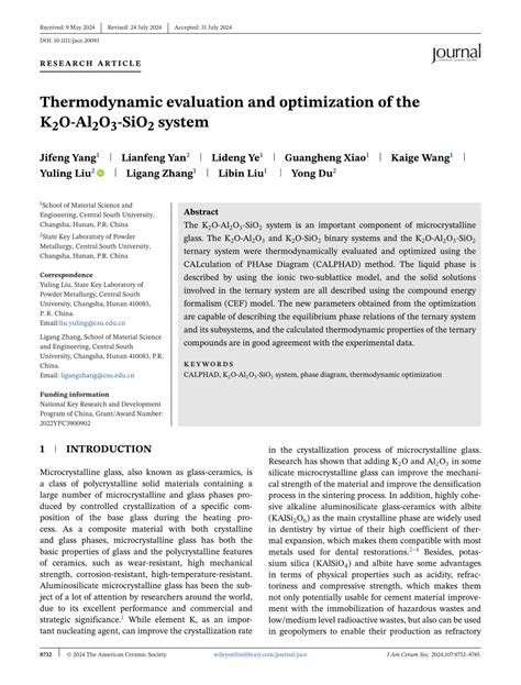 Thermodynamic Evaluation And Optimization Of The K2o‐al2o3‐sio2 System Request Pdf