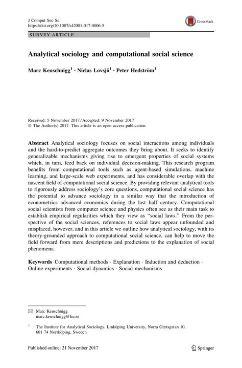 Pdf Analytical Sociology And Computational Social Science