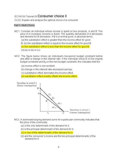 Econ Tutorial ECON Tutorial Consumer Choice II CLO Explain And