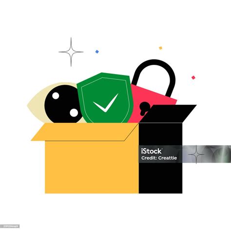 사이버 보안 개인 정보 보호 및 데이터 보호를 상징하는 평면 벡터 그림에서 방패와 자물쇠가 있는 열린 상자 흰색 배경에 고립되어 있습니다 0명에 대한 스톡 벡터 아트 및