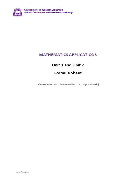 Mathematics Applications Year 11 Formula Sheet Pdf