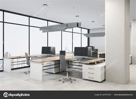 Coworking Office Interior Concrete Columns Computers Desktop City View