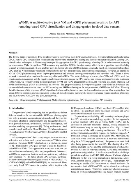 PDF GVMP A Multi Objective Joint VM And VGPU Placement Heuristic For API Remoting Based GPU