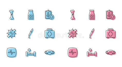 Set Line Heart Rate Hospital Bed Human Broken Bone Medical