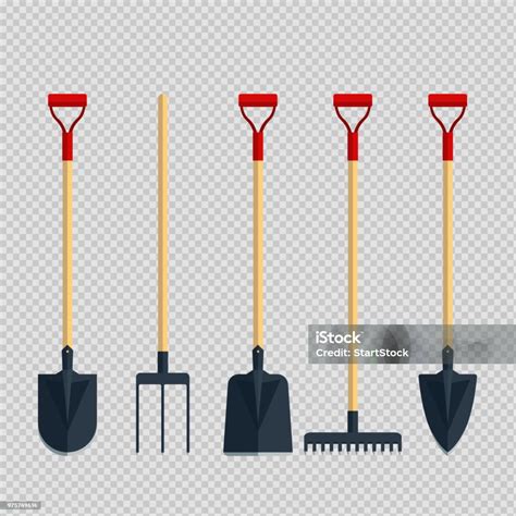 갈 퀴 삽 삽 레이크 평면 도구 아이콘 로고 벡터 일러스트 레이 션을 설정 합니다 농업 장비입니다 투명 한 배경에 정원 악기입니다 가정 생활에 대한 스톡 벡터 아트 및 기타
