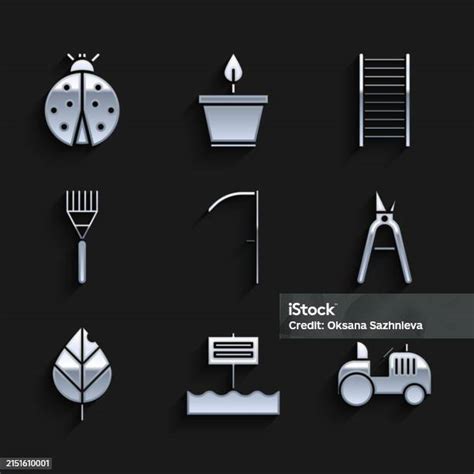 세트 낫 빈 나무 간판 트랙터 원예 수제 가위 잎 갈퀴 나무 계단 및 무당 벌레 아이콘 벡터 검은색에 대한 스톡 벡터 아트 및 기타 이미지 Istock