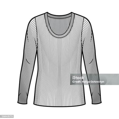 리브드 스쿱 넥 니트 스웨터 테크니컬 패션 일러스트와 긴 소매 오버사이즈 바디 튜닉 길이 0명에 대한 스톡 벡터 아트 및 기타