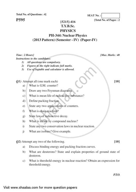 nuclear physics 2017 2018 b sc physics semester 6 tybsc 2013 pattern