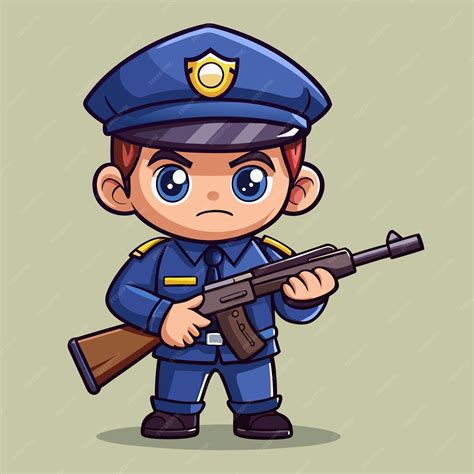 Cute Policeman Holding Assault Rifle Cartoon Vector Illustration