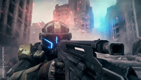 3d Render Illustration Of Sci Fi First Person Shooter Game With Soldier