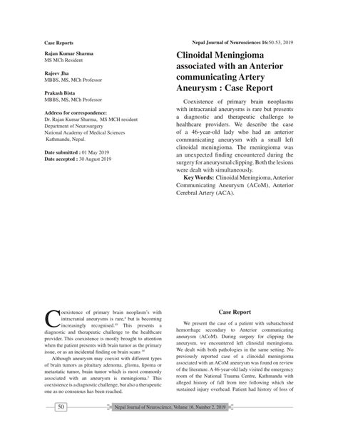 Pdf Clinoidal Meningioma Associated With An Anterior Communicating