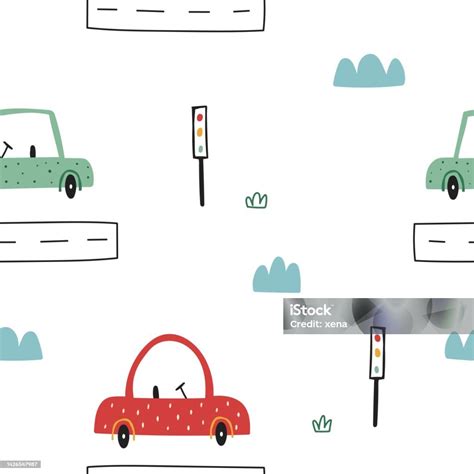 보육원을위한 자동차와 신호등 손으로 그린 디자인으로 귀여운 간단한 유치한 이음새가 없는 패턴 도로에 대한 스톡 벡터 아트 및 기타 이미지 Istock