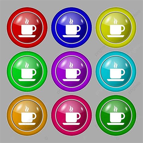 Vector Set Of Nine Colourful Round Buttons Featuring A Coffee Icon Sign