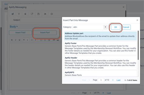 inserting parts fields into messages aptify support
