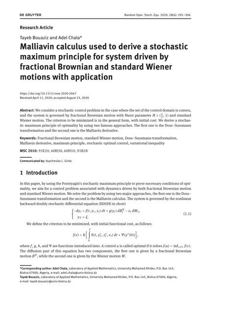 Pdf Malliavin Calculus Used To Derive A Stochastic Maximum Principle For System Driven By