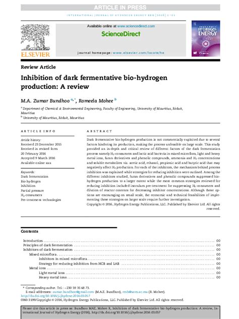 Pdf Inhibition Of Dark Fermentative Bio Hydrogen Production A Review