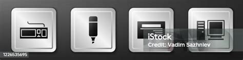 키보드 마커 펜 명함 및 컴퓨터 모니터 아이콘을 설정합니다 실버 스퀘어 버튼 벡터 거리표식에 대한 스톡 벡터 아트 및 기타 이미지 거리표식 교육 노트북 Istock