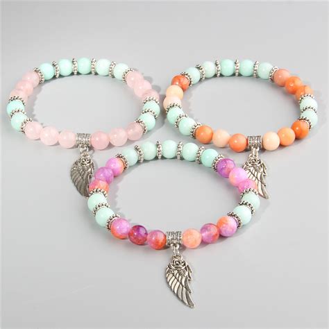 Badu Bg Гривна от мъниста с чар от естествен камък Сребърен цвят Ъгъл Крило Висулка Гривни