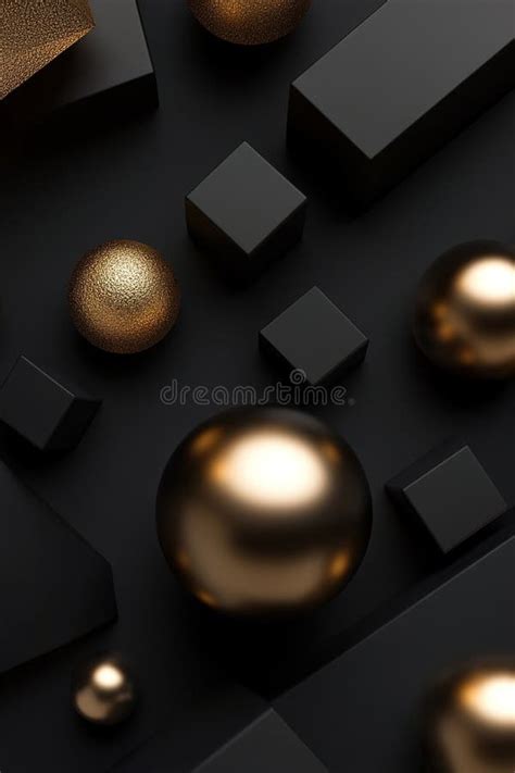 Abstract Composition Of Golden Spheres And Cubes On Dark Textured Surface Showcasing Modern