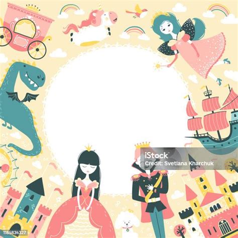 공주 왕자 유니콘 용 요정 성 동화 프레임 만화 스칸디나비아 스타일의 벡터 일러스트레이션입니다 파스텔 팔레트 공룡에 대한 스톡 벡터 아트 및 기타 이미지 Istock