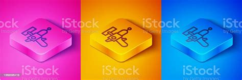 분홍색과 주황색 파란색 배경에 격리 된 등색 라인 레이 건 아이콘 레이저 무기 공간 블래스터 정사각형 버튼입니다 벡터 3차원 형태에 대한 스톡 벡터 아트 및 기타 이미지