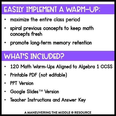 Math Warm Ups Algebra 1 Ccss Maneuvering The Middle