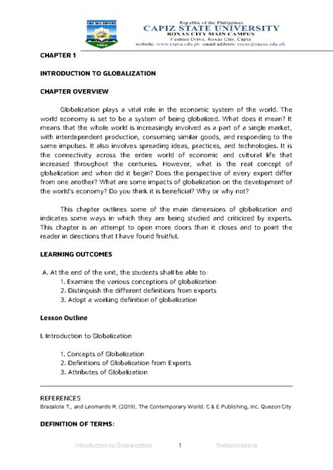 Introduction to Globalization - CHAPTER 1 INTRODUCTION TO GLOBALIZATION CHAPTER OVERVIEW - Studocu