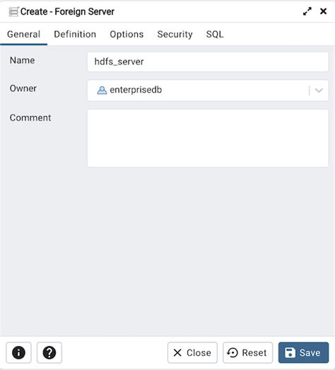 foreign server dialog — pgadmin 4 9 8 documentation
