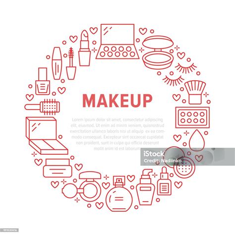 플랫 라인 아이콘 메이크업 뷰티 케어 빨간색 원이 포스터 립스틱 마스카라 파우더 Eyeshadows 매니큐어 화장품 그림 샴푸 상점을 위한 얇은 표지판 귀여운 브로셔 0명에