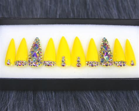 Yellow Stiletto Press On Nails Neon Party Rhinestone False Nails Etsy
