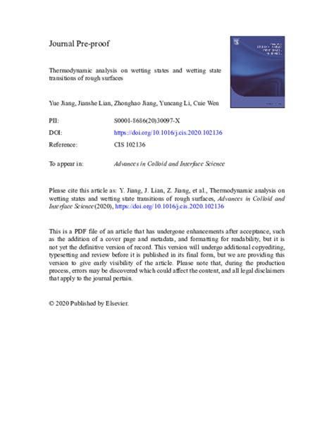 Pdf Thermodynamic Analysis On Wetting States And Wetting State