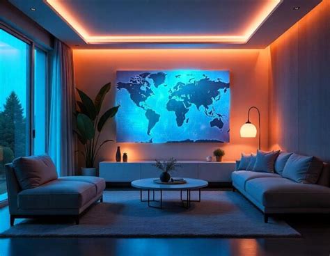Modern Living Room With Aicontrolled Lighting Adjusting Brightness And Color Sensors In Wallscei