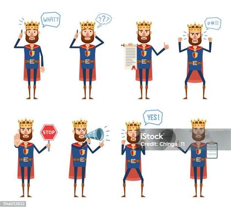 다양 한 상황에서 포즈를 취한 킹 캐릭터 세트 쾌활 한 왕이 전화 생각 하 고 놀 랐 다 행복 하 고 정지 노래 라우드스피커