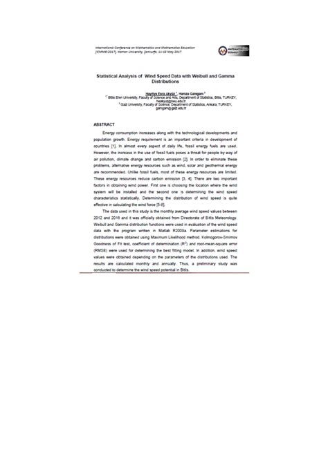 Pdf Statistical Analysis Of Wind Speed Data With Weibull And Gamma