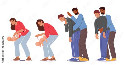 Set First Aid Food Choking Male And Female Characters Choke Bore