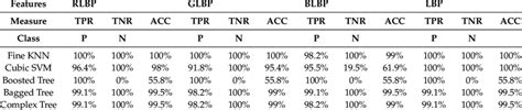 results obtained with different classifiers using lbp features for