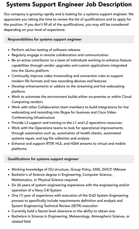 Systems Support Engineer Job Description Velvet Jobs