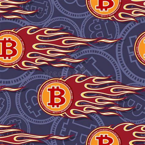 Seamless Vector Pattern Of Digital Bitcoin Crypto Currency Icons And Flames Stock Vector