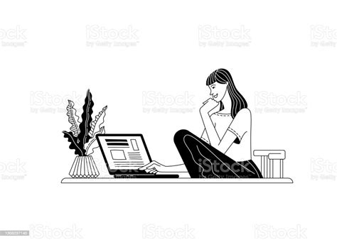 노트북 선형 벡터 일러스트레이션에서 일하는 펜시브 젊은 여성 책상에 대한 스톡 벡터 아트 및 기타 이미지 책상 흑백 사진