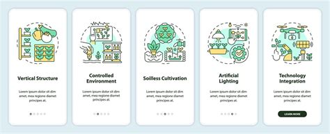 수직 농업 및 수경 재배 모바일 앱 화면을 나타내는 선형 아이콘은 5단계 그래픽 지침 Ui Ux Gui 템플릿을 설정합니다 프리미엄 벡터