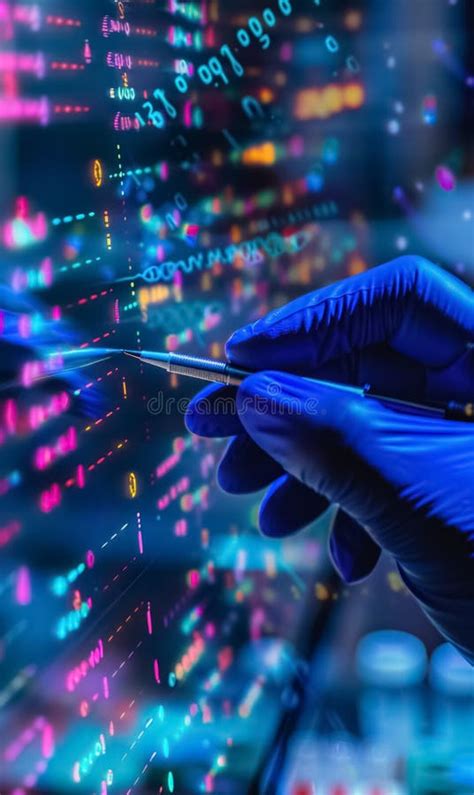 Gloved Scientist Examines Vibrant Digital Data Technology Research In Molecular Biology And
